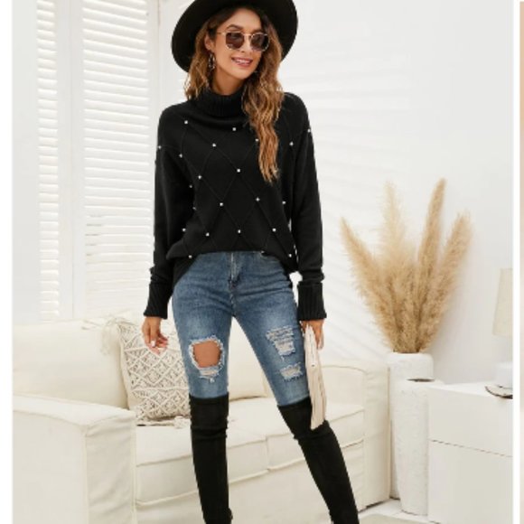 Boutique | Sweaters | Cozy Turtle Neck Pullover Sweater With Pearls In ...